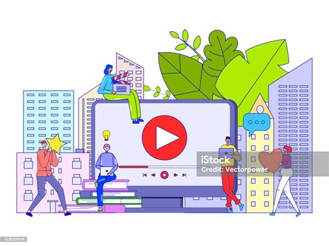 비디오 스트리밍 서비스 개념 작은 사람 만화 캐릭터 벡터 일러스트레이션 Film Screening에 대한 스톡 벡터 아트 및 기타 이미지 Film Screening