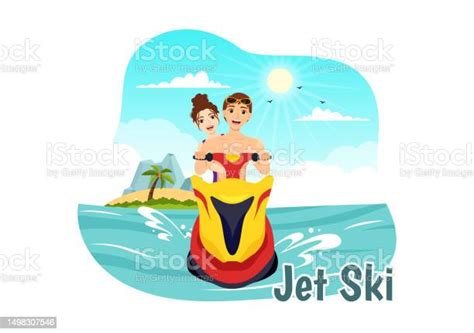 사람들은 제트 스키 벡터 일러스트레이션 여름 방학 레크리에이션 익스트림 수상 스포츠 및 리조트 해변 활동을 손으로 그린 플랫