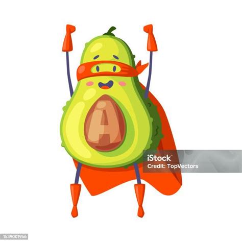 녹색 아보카도 슈퍼히어로 캐릭터는 빨간 망토나 망토를 입고 정의의 전투기 벡터 그림으로 마스크를 쓰고 서 있다 슈퍼히어로에 대한