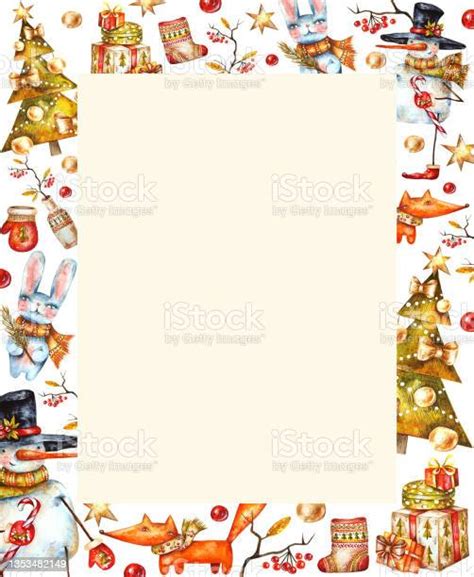 크리스마스 일러스트가 있는 수채화 프레임과 엽서 귀여운 캐릭터와 요소 가리기에 대한 스톡 벡터 아트 및 기타 이미지 가리기 강림절 걸레 Istock