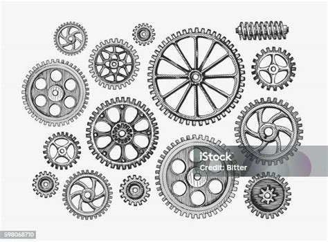 손으로 그린 빈티지 기어 톱니바퀴 스케치 메커니즘 산업 벡터 일러스트레이션 기어 기계 부분에 대한 스톡 벡터 아트 및 기타