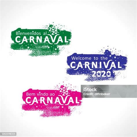 カーニバル2020へようこそ英語スペイン語ポルトガル語の3つの言語で3つの明るい色のグランジカーニバルのセット カーニバルカーニバルで