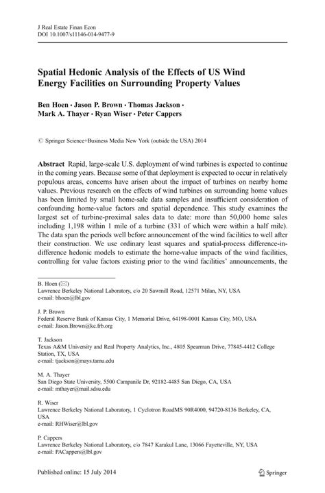Pdf Spatial Hedonic Analysis Of The Effects Of Us Wind Energy Facilities On Surrounding