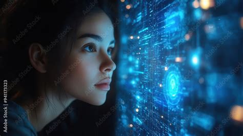 female data scientist immersed in holographic ai interface futuristic lab glowing algorithms