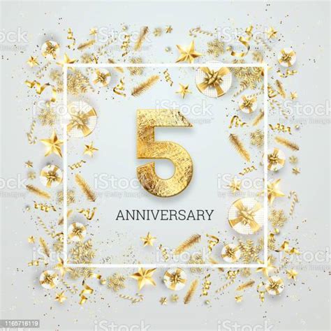 창조적 인 배경 5 주년 숫자 프레임과 밝은 배경에 황금 텍스트와 색종이의 축하 기념일 기념 템플릿 전단지 3d 일러스트레이션 3d 렌더링 비즈니스에 대한 스톡 사진 및