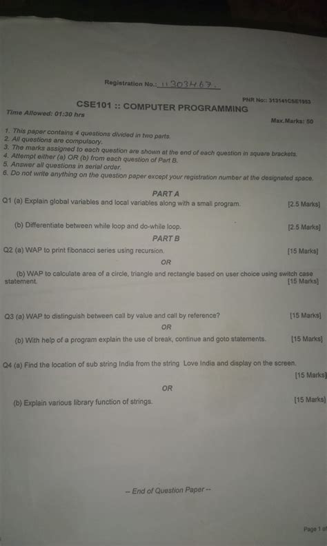 Studentfriendly Cse 101 Computer Programming Question Papers Of Lpu