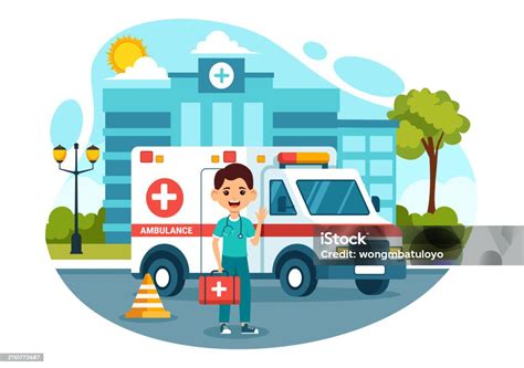 의료 차량 구급차 또는 응급 서비스 벡터 일러스트 레이 션 환자를 픽업 평면 만화 배경에서 사고로 부상당 간호사에 대한 스톡 벡터 아트 및 기타 이미지 Istock