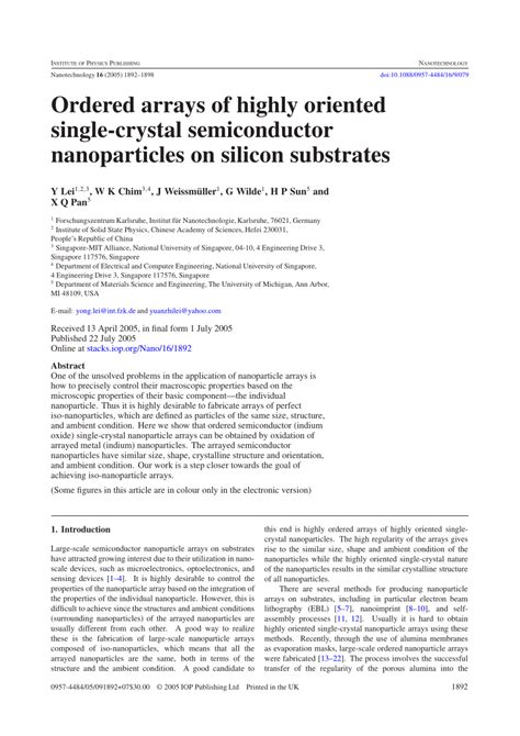Pdf Ordered Arrays Of Highly Oriented Single Crystal Semiconductor