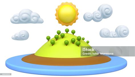 흰색으로 고립 된 나무가있는 만화 녹색 섬 풍경 다채로운 현대 미니멀 콘셉트 렌더링 양식에 일치시키는 재미있는 아이들 점토 플라스틱 또는 나무 장난감 사실적인 패션 3d