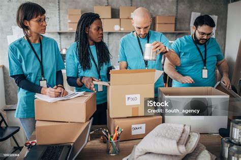 자선 푸드 뱅크에 기부 상자를 포장하는 다양한 자원 봉사자 상자에 대한 스톡 사진 및 기타 이미지 상자 짐 싸기 캔 Istock