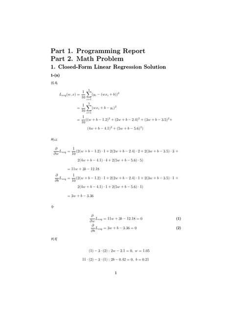 Part 1 Programming Report Part 2 Math Problem 1 Closed Form Linear Regression Solution Pdf
