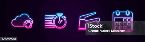 세트 라인 클라우드 동기화 새로 고침 스톱워치 수도 꼭지 및 캘린더를 설정합니다 빛나는 네온 아이콘 벡터 0명에 대한 스톡 벡터 아트 및 기타 이미지 Istock