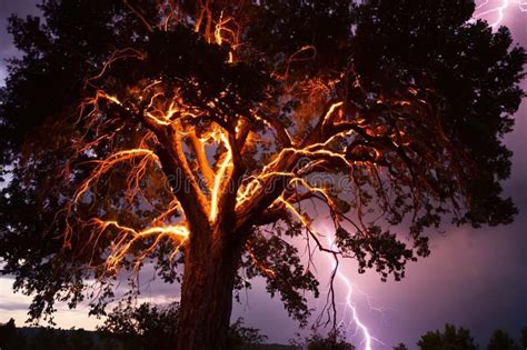 Tree Struck By Lightning In Violent Thunder Storm Stock Illustration