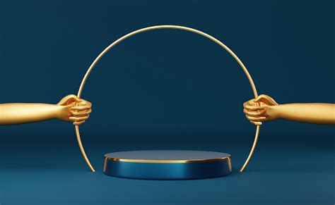 현대 무대 디스플레이 및 미니멀리스트 모형 추상 쇼케이스 배경 개념 3d 그림 또는 3d 렌더링을 위한 파란색 구성의 금색 손으로 비어 있는 연단 3차원 형태에 대한 스톡