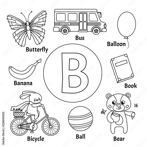Learning Card Alphabet Letter B Set Of Cute Cartoon Illustrations