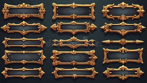 Set Of Game Ui Elements With Gold Frames In Medieval Style Buttons