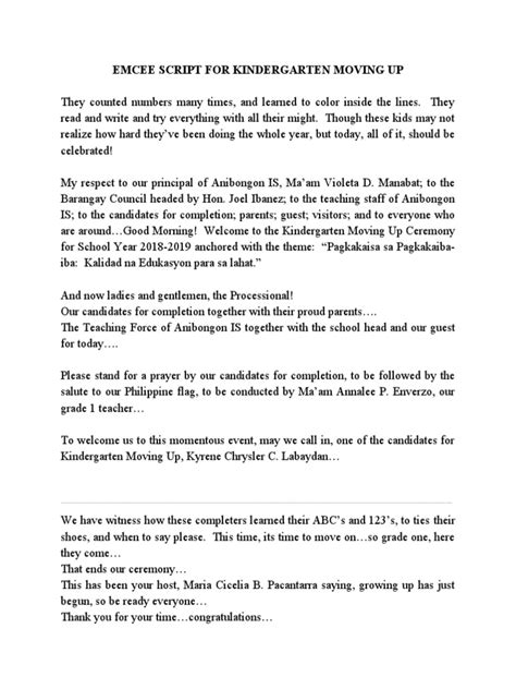 Emcee Script For Kindergarten Moving Up Pdf