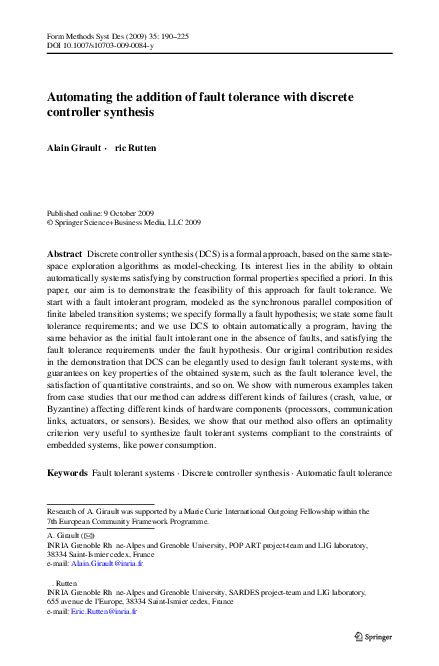 Pdf Automating The Addition Of Fault Tolerance With Discrete Controller Synthesis