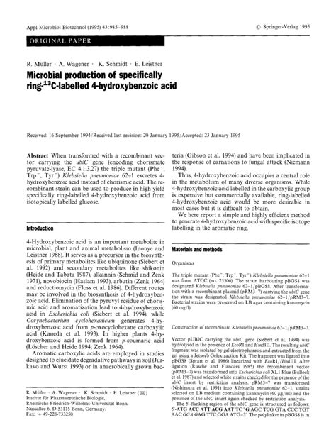 Pdf Microbial Production Of Specifically Ring 13c Labelled 4 Hydroxybenzoic Acid