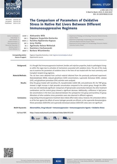 Pdf The Comparison Of Parameters Of Oxidative Stress In Native Rat