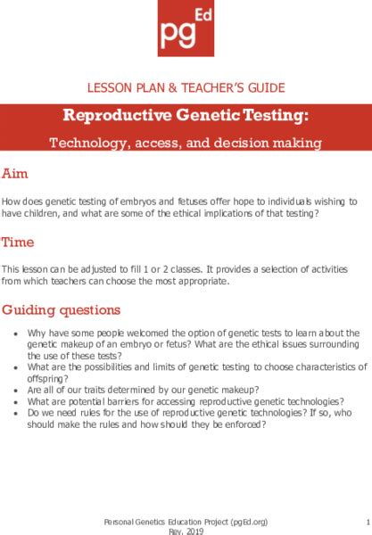 Reproductive Genetic Testing Technology Access And Decision Making Lesson Plan For 9th