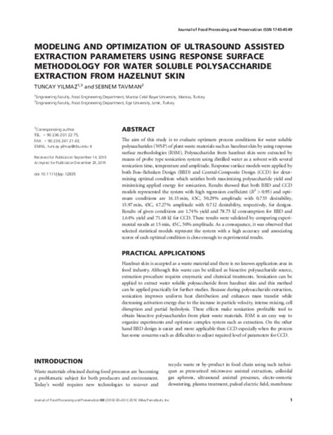 Pdf Modeling And Optimization Of Ultrasound Assisted Extraction Parameters Using Response