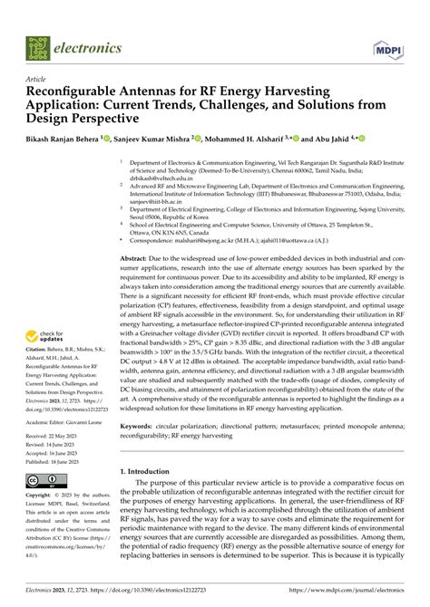 Pdf Reconfigurable Antennas For Rf Energy Harvesting Application Current Trends Challenges