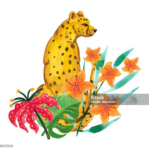 수채화와 구아슈 손으로 그린 치타와 식물이 흰색 배경에 있다 수채화에 대한 스톡 벡터 아트 및 기타 이미지 수채화 구아슈