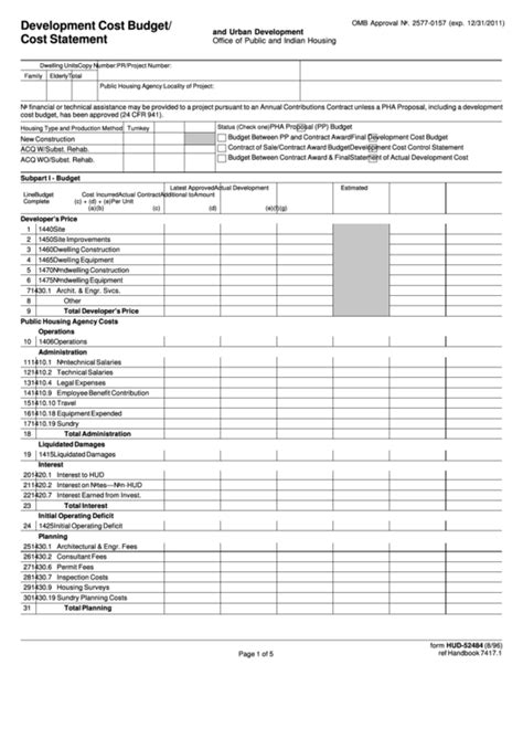 Fillable Form Hud 52484 Development Cost Budget Cost Statement