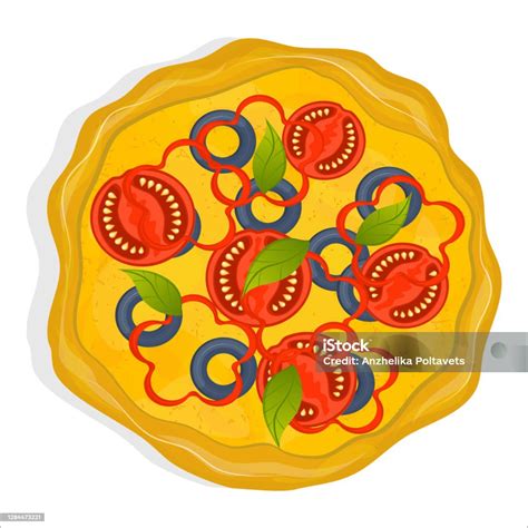 토마토 올리브 고추 바질을 흰색 배경에 고립된 채식 피자 이탈리아 요리의 요리 치즈와 바삭바삭한 크러스트를 곁들인 피자 플랫 스타일로 벡터 그림 0명에 대한 스톡 벡터 아트