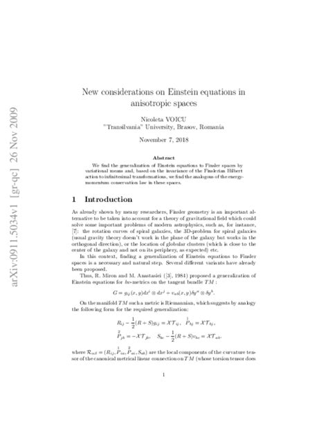 Pdf New Considerations On Hilbert Action And Einstein Equations In