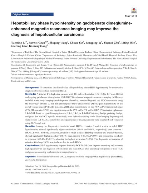 Pdf Hepatobiliary Phase Hypointensity On Gadobenate Dimeglumine