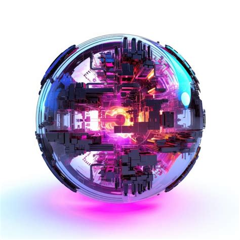 Premium Photo Cyberpunks Circular Techno Ball Illuminating Neon Accents On A White Canvas