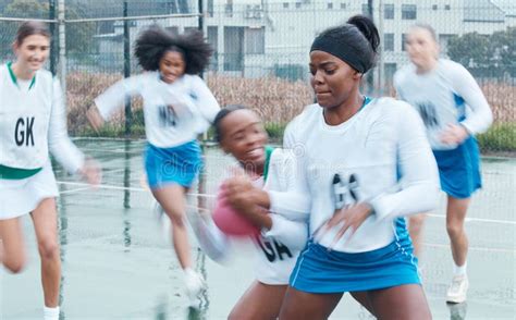 Netball Sports Team And Woman Jump For Ball Practice And Playing Game