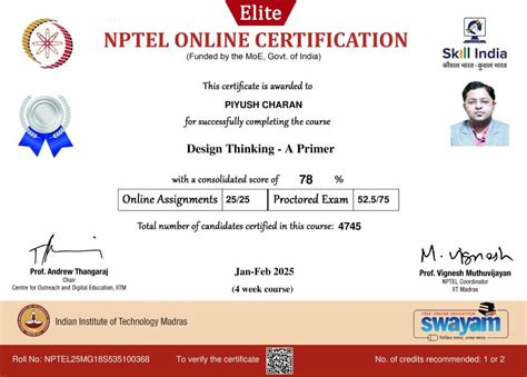 I Completed The Swayam Nptel Design Thinking A Primer Course And Earned The Elite Silver