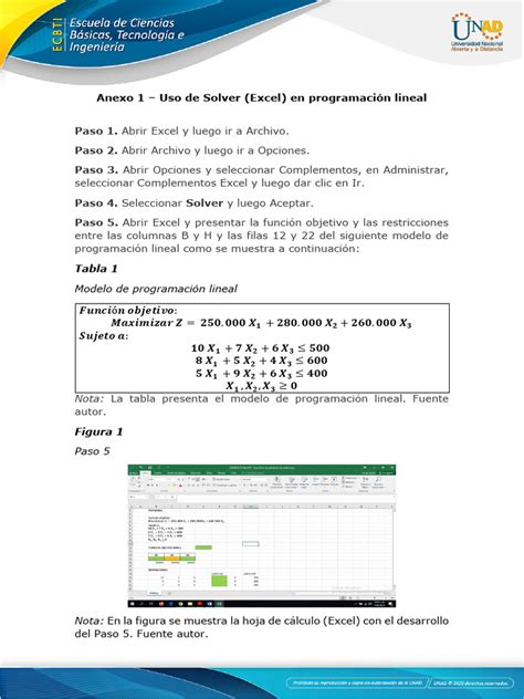 anexo 1 uso de solver excel en programación lineal pdf microsoft excel hoja de cálculo