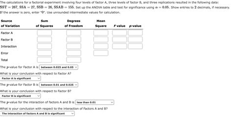 Solved The Calculations For A Factorial Experiment Involving