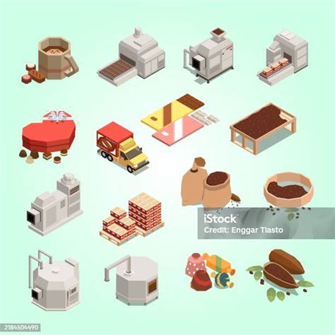 초콜릿 생산 이성질체 카카오 콩 원료 세트 자동화 된 공장 라인 사탕 및 바 절연 된 벡터 일러스트 레이 션 3차원 형태에 대한 스톡 벡터 아트 및 기타 이미지 Istock