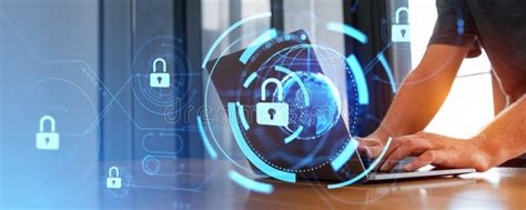 Man Hands Typing On Laptop In Office Cybersecurity Interface Stock Photo Image Of