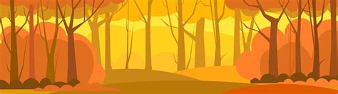 숲 나무 그림 키가 크고 분지된 트렁크가 있는 조밀한 야생 식물 파노라마 가을 오렌지 풍경 플랫 디자인 만화 스타일 벡터 가을에 대한 스톡 벡터 아트 및 기타 이미지