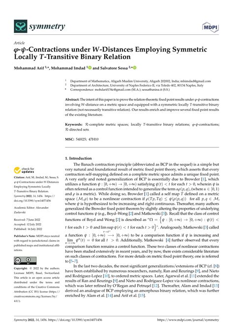 Pdf ϕ ψ Contractions Under W Distances Employing Symmetric Locally T Transitive Binary Relation