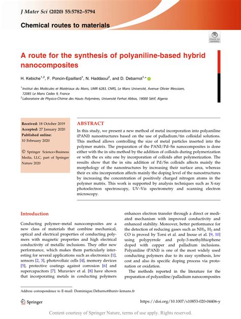 A Route For The Synthesis Of Polyaniline Based Hybrid Nanocomposites Request Pdf