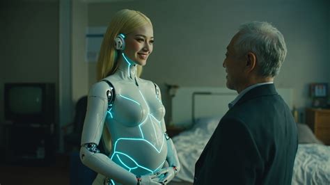 Pregnant Korean Female Robot Smiling At Elderly Chinese Man In Simple Bedroom At Night Splitshire