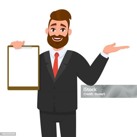빈 클립 보드를 보여주고 공간을 복사하는 손을 제시 젊은 사업가 메모장을 들고 있는 사람 남성 캐릭터 디자인 일러스트 벡터에서 인간의 감정 얼굴 표정 개념 강사에 대한 스톡