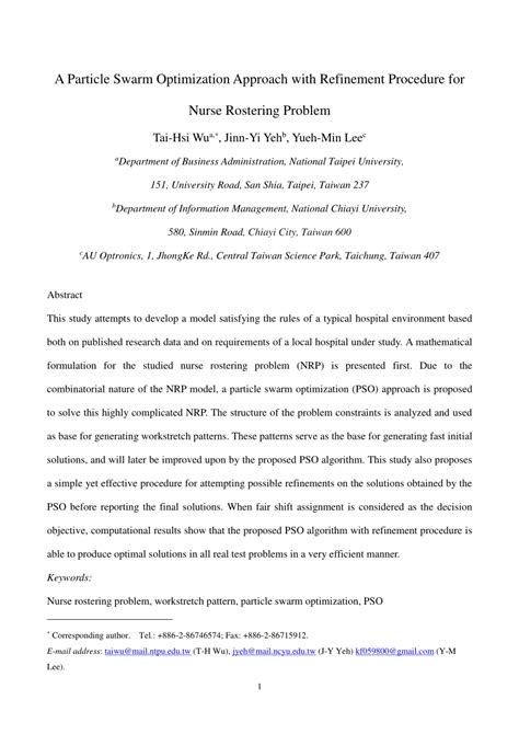 pdf a particle swarm optimization approach with refinement procedure for nurse rostering problem