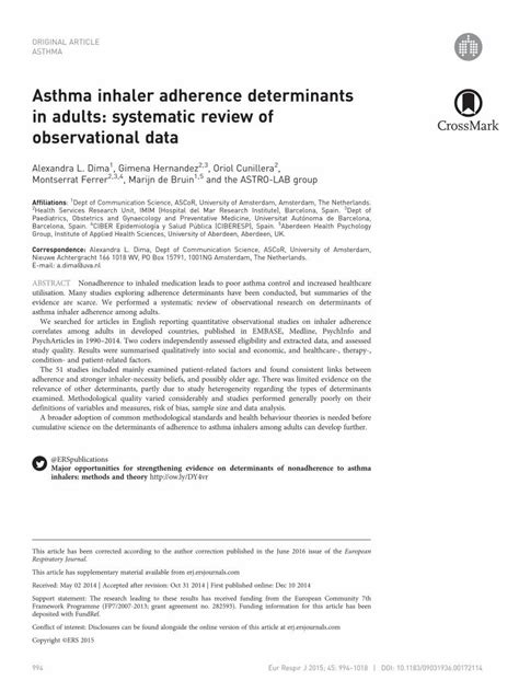 Pdf Asthma Inhaler Adherence Determinants In Adults · Correspondence Alexandra L Dima