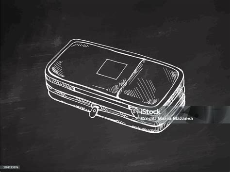 벡터 손으로 그린 학교 및 사무용품 일러스트 상세한 복고풍 스타일의 학교 필통 스케치입니다 빈티지 스케치 요소입니다 학교로 돌아 가기 칠판 배경에 학교 필수 그림입니다