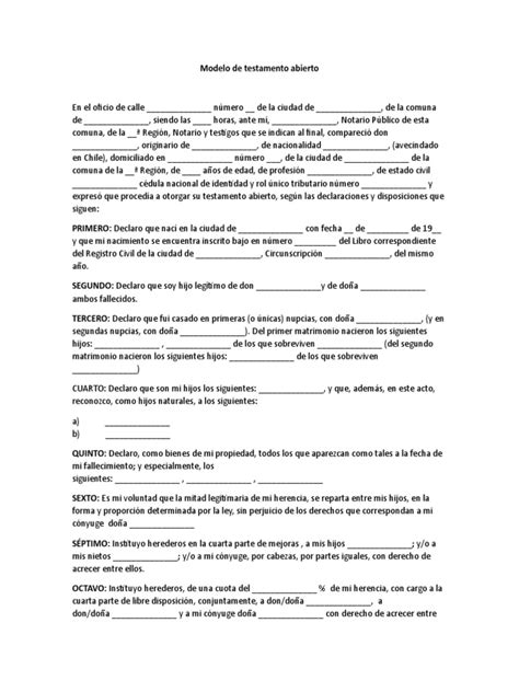 Modelo De Testamento Abierto Pdf Herencia Derecho Civil Common Law