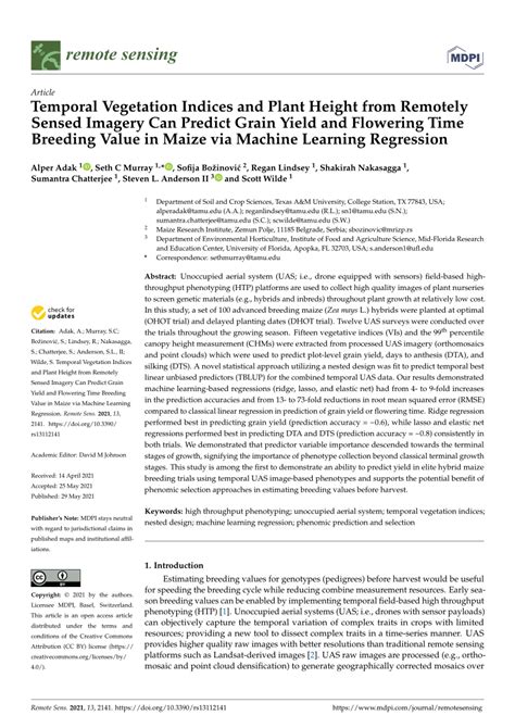 Pdf Temporal Vegetation Indices And Plant Height From Remotely Sensed