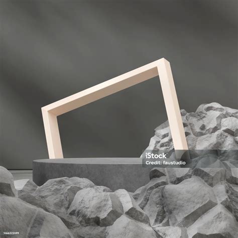 3d 렌더링 모형 템플릿 회색 바위와 흰색 프레임이 있는 사각형의 콘크리트 연단 0명에 대한 스톡 사진 및 기타 이미지 0명 3차원 형태 강단 Istock
